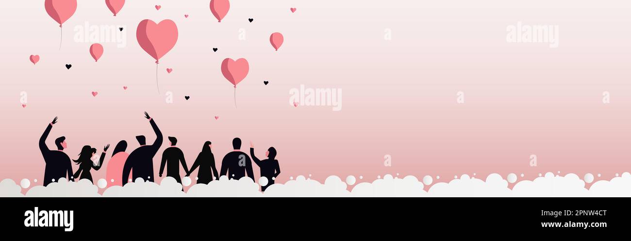 Rear View of People or Couples Enjoying With Balloons, Heart Shapes On ...