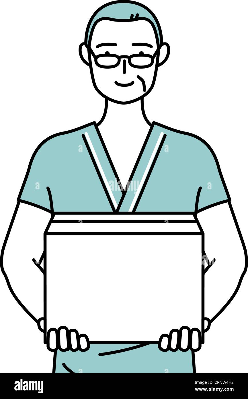 Middle-aged and senior male admitted patient in hospital gown working ...