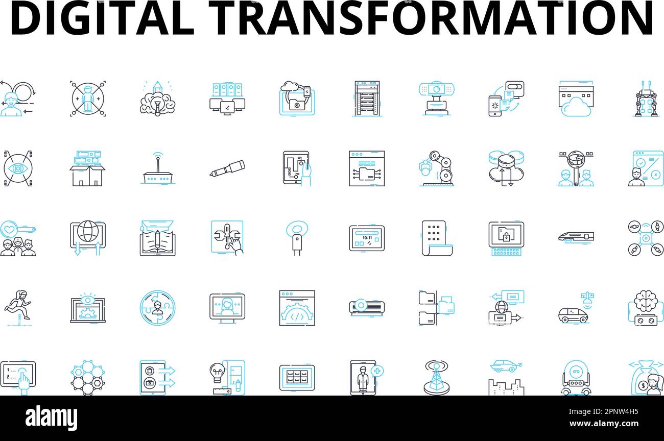 Digital transformation linear icons set. Disruption, Innovation, Agility, Connectivity ...