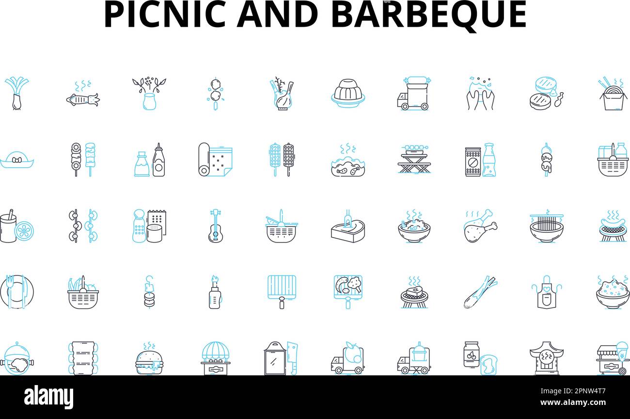 Picnic and barbeque linear icons set. Sizzling, Outdoorsy, Chill, Smoky ...