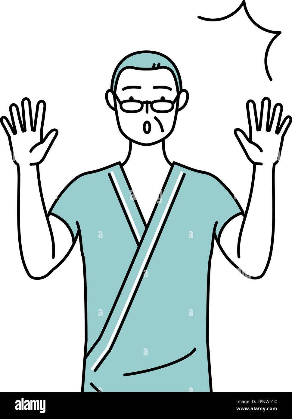 Middle-aged and senior male admitted patient in hospital gown raising ...