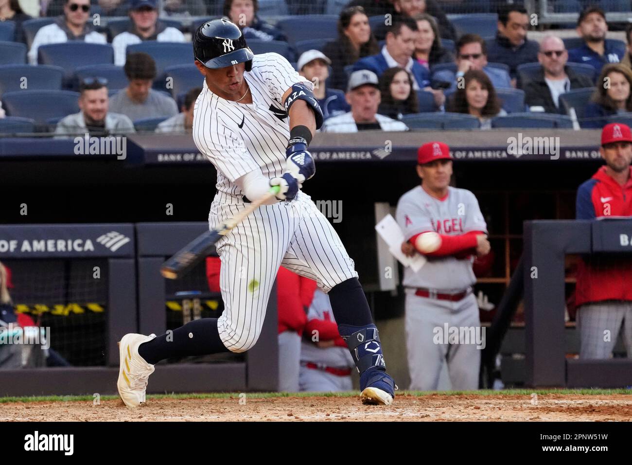 New York Yankees' Oswald Peraza hits an hits an RBI single during the ...