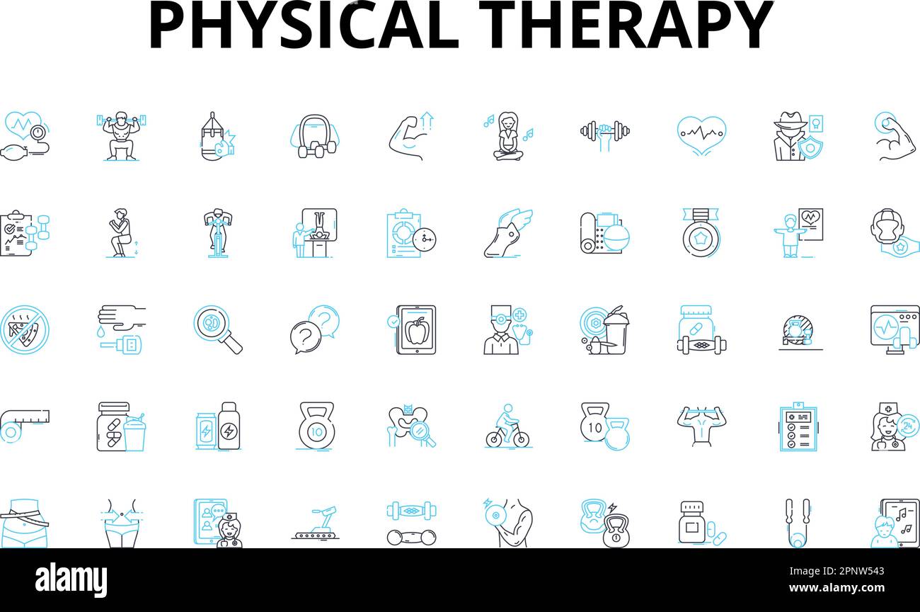 Physical therapy linear icons set. Rehabilitation, Exercises, Manual, Orthopedic, Strength ...