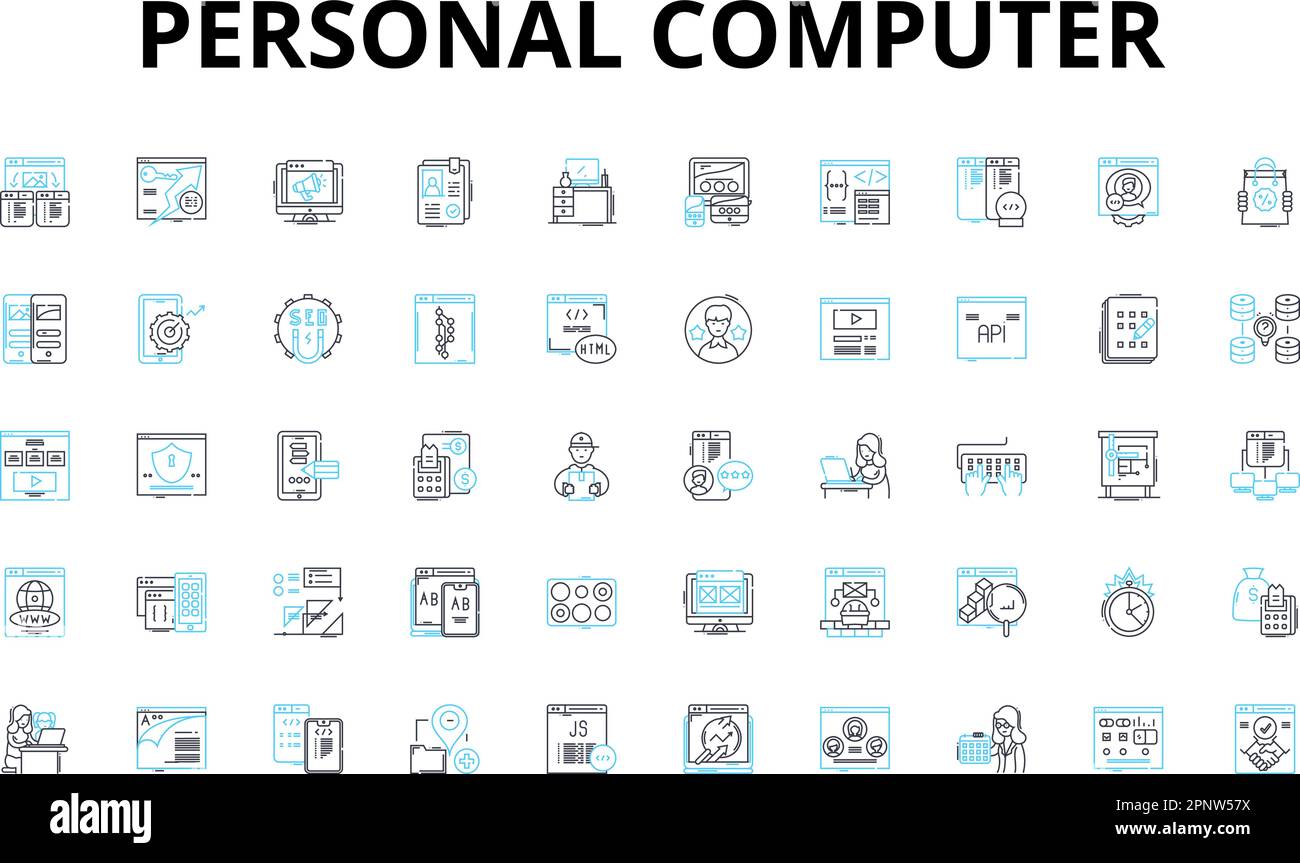 Personal computer linear icons set. Desktop, Laptop, Keyboard, Mouse ...