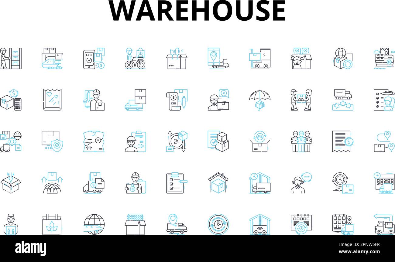 Warehouse linear icons set. Logistics, Distribution, Inventory, Storage, Fulfillment, Pallets ...