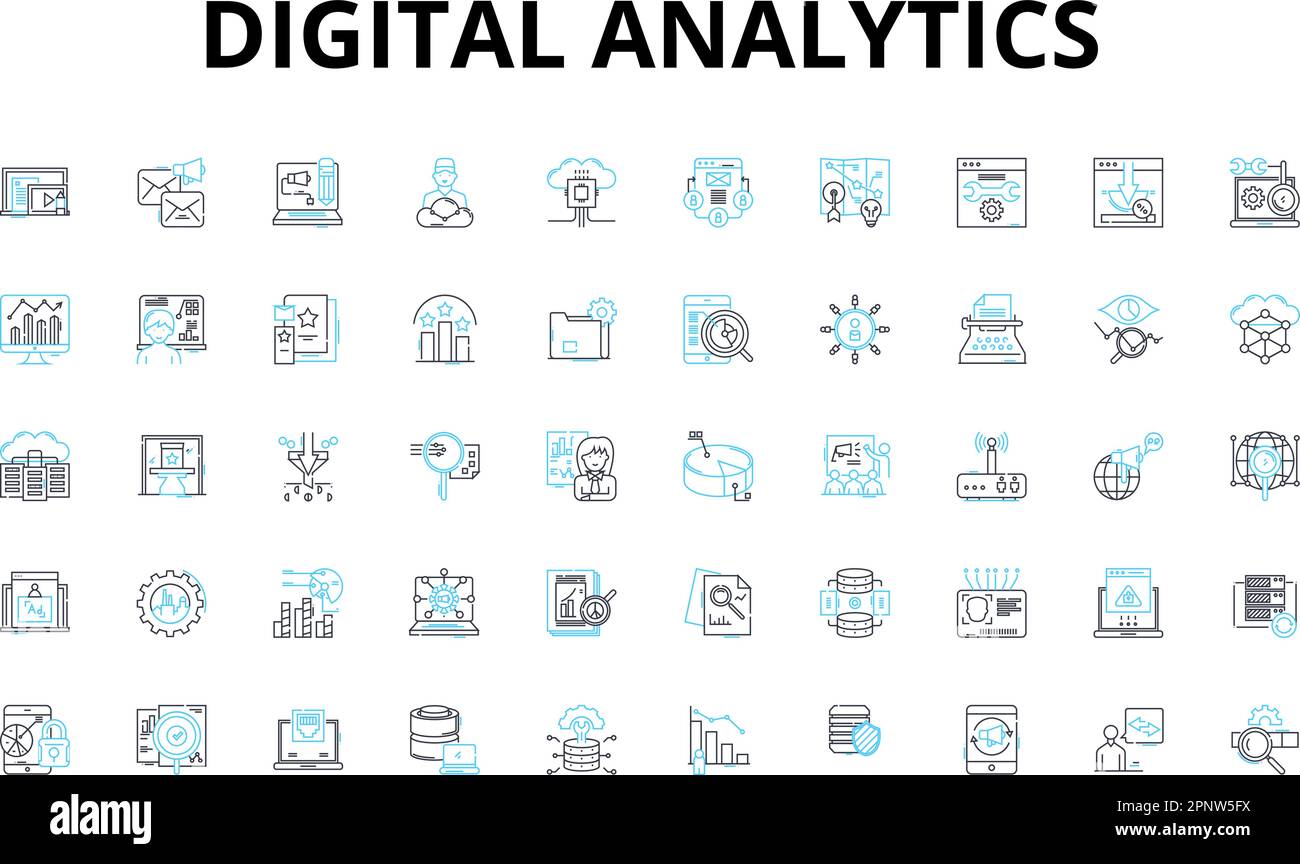 Digital analytics linear icons set. Metrics, Insights, Attribution ...