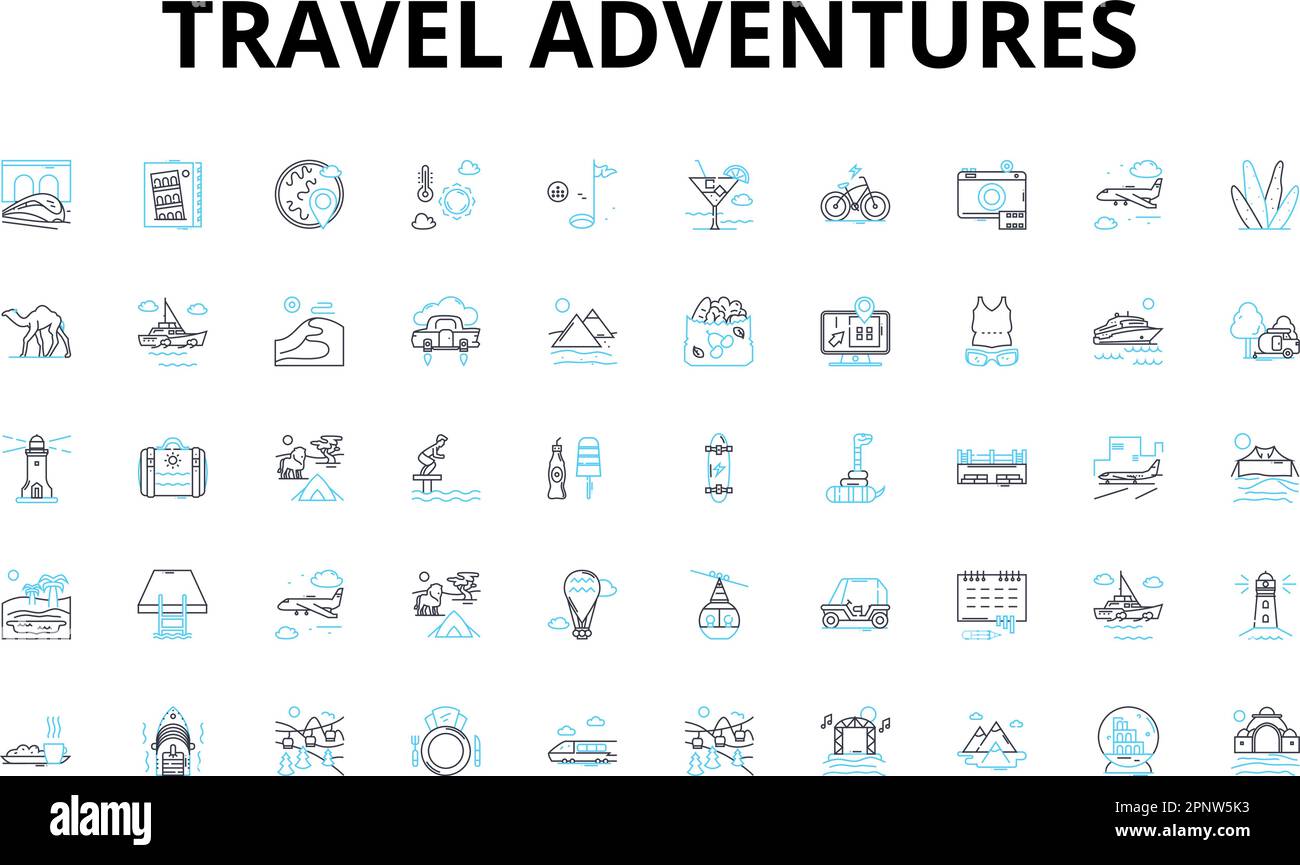 Travel adventures linear icons set. Exploration, Expedition, Journeys ...