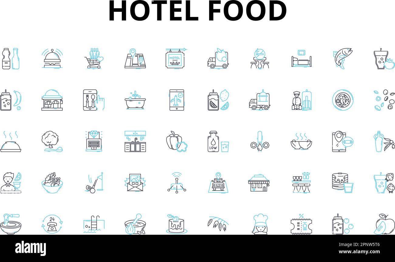Hotel food linear icons set. Gourmet, Fusion, Buffet, Organic, Locally ...