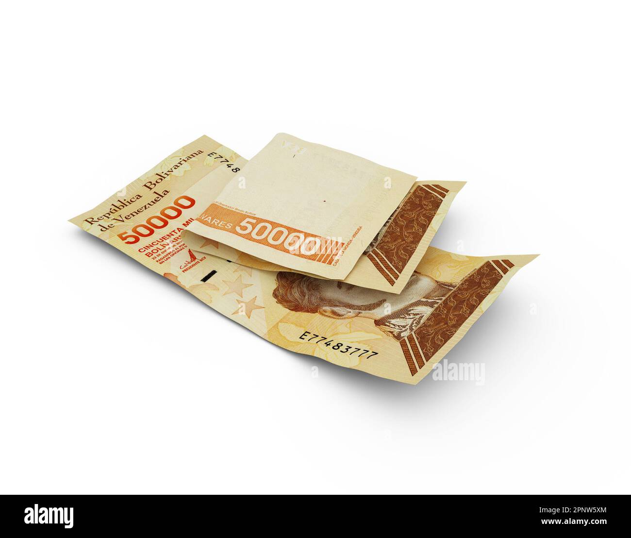 3D rendering of Double 50000 Venezuelan bolivar notes isolated on white ...