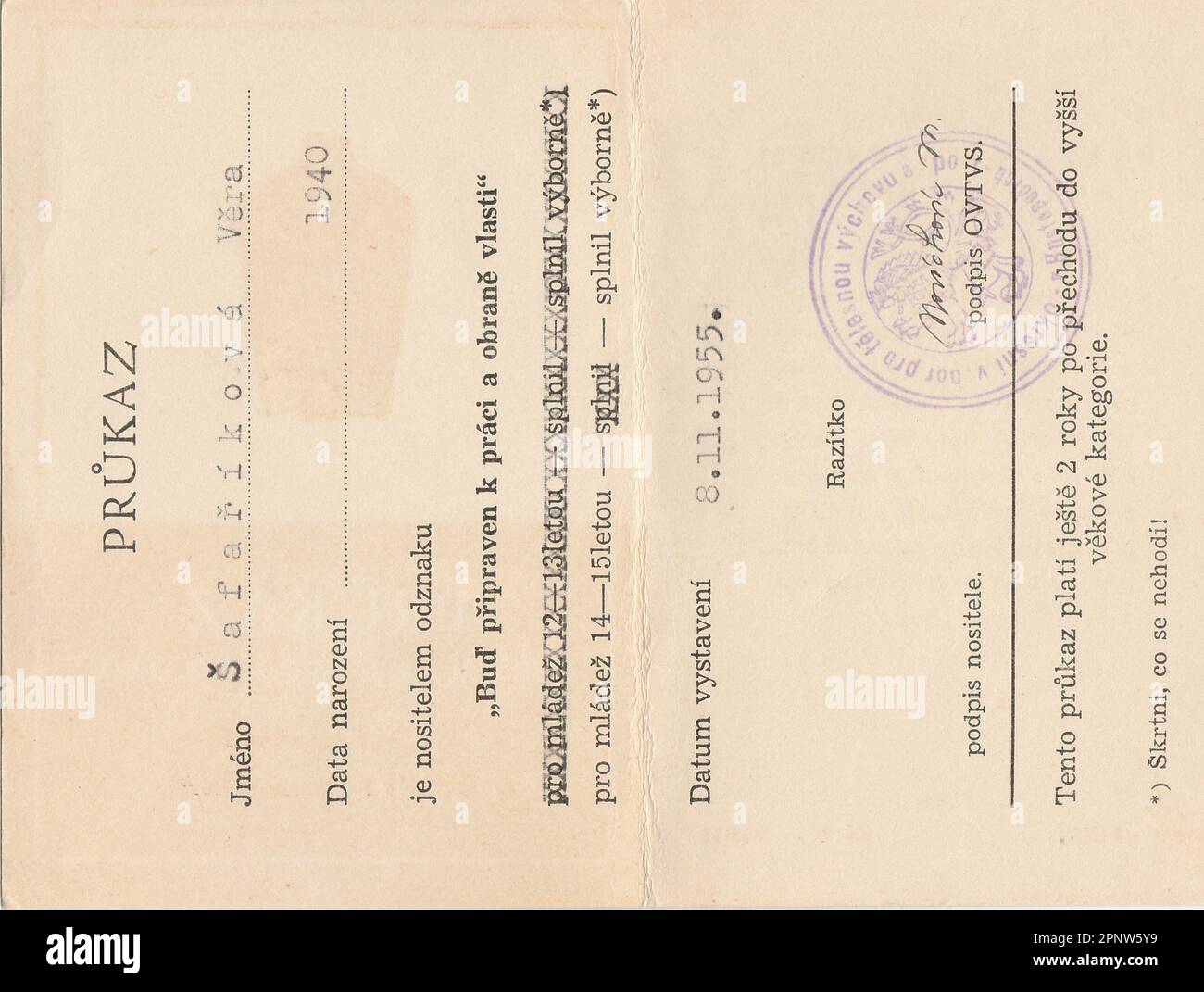 THE CZECHOSLOVAK REPUBLIC, NOVEMBER 8, 1955: Back of communistic card ...