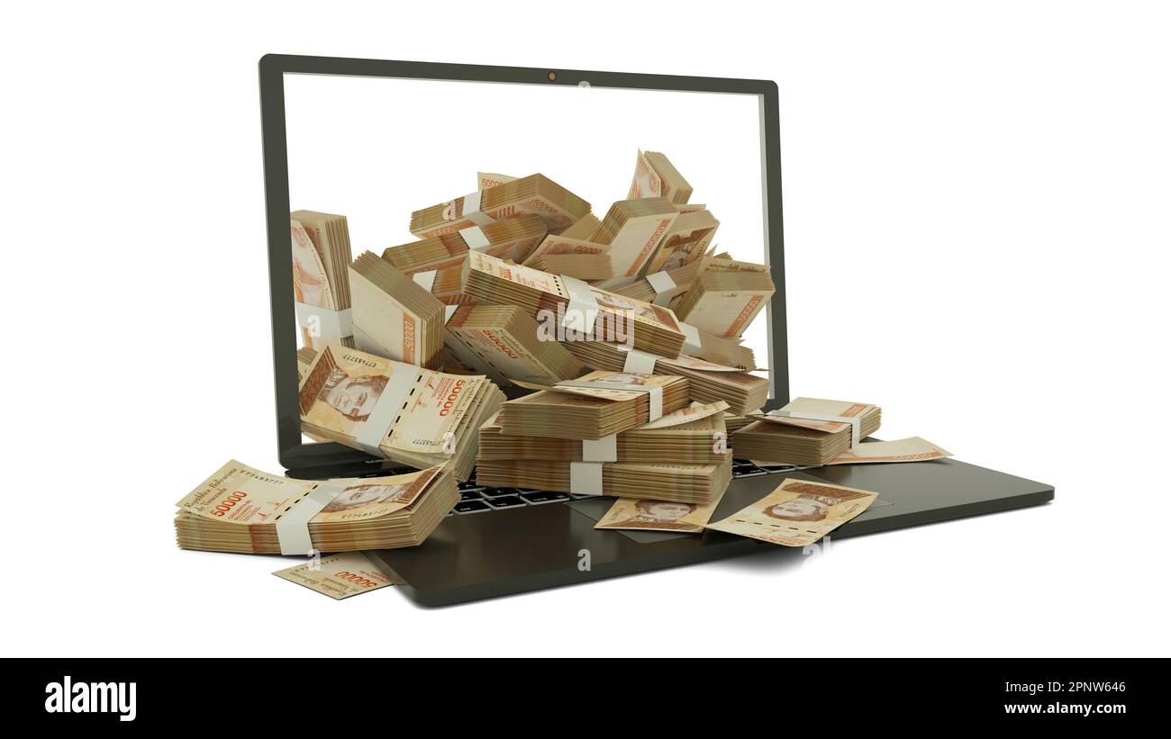 3D rendering of Venezuelan bolivar notes coming out of a Laptop monitor ...