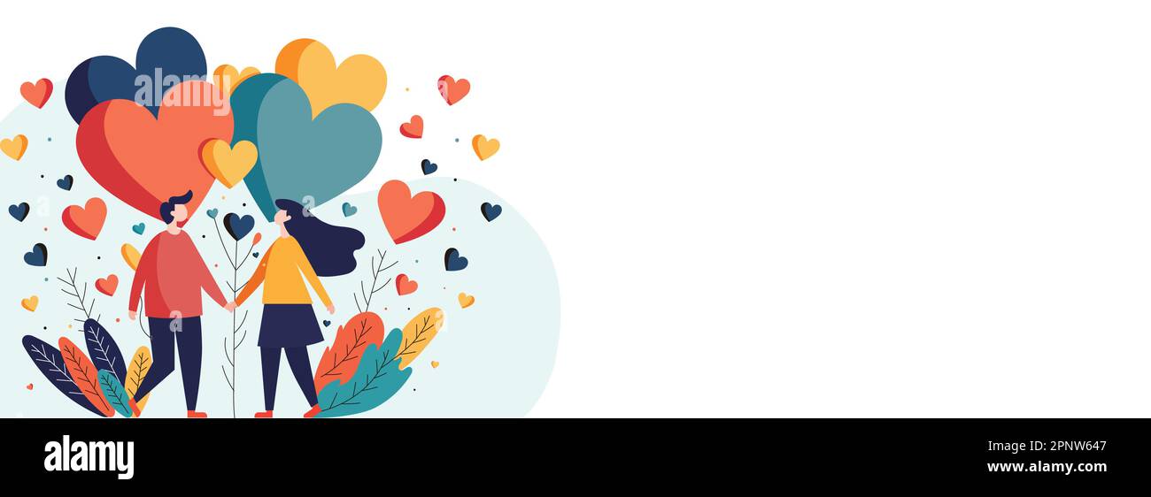 Vector Young Couple Holding Hands Together With Colorful Hearts, Leaves ...