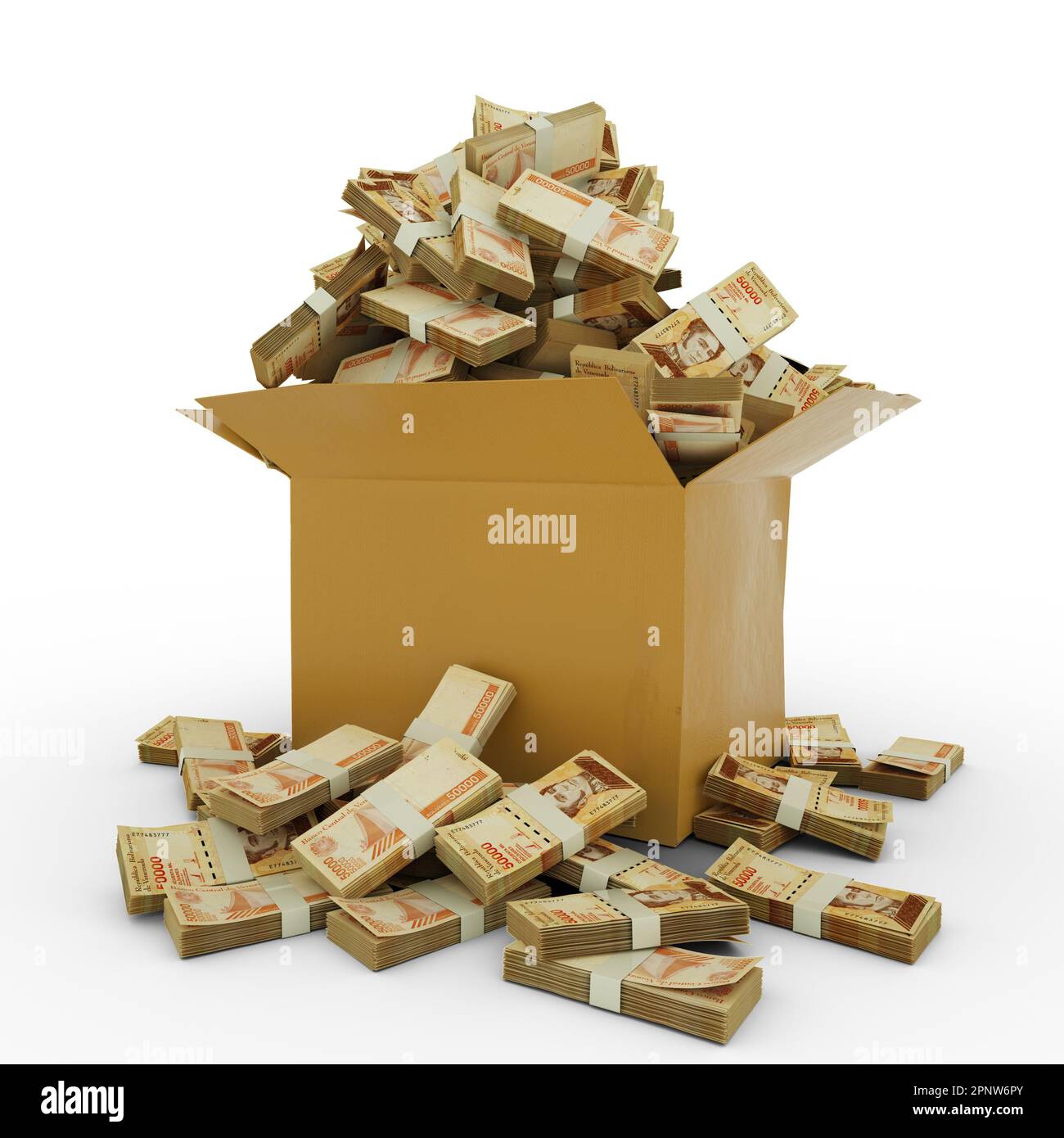 3d rendering of cardboard box full of Venezuelan bolivar notes isolated ...