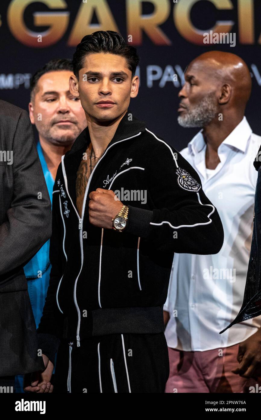 Las Vegas, Nevada, USA. 20th Apr, 2023. Ryan Garcia addresses the media ...