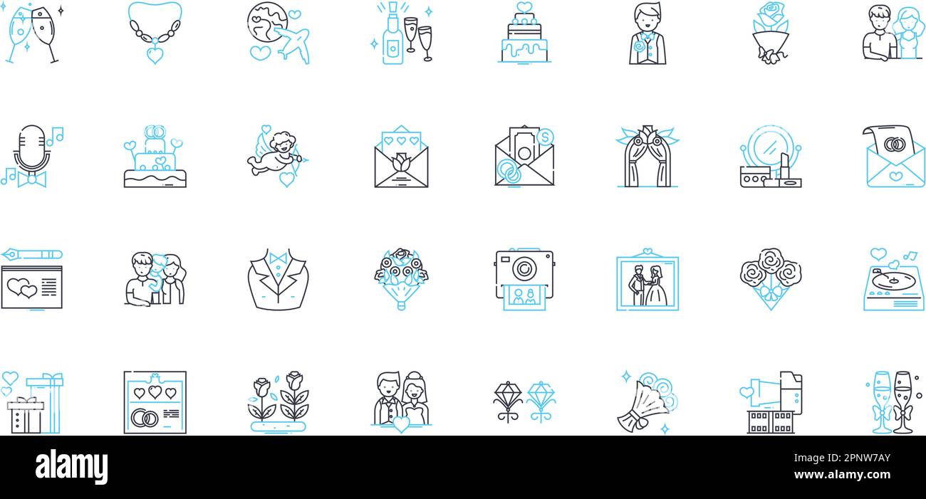 Nuptials linear icons set. Wedding, Ceremony, Marriage, Bridal, Groom ...