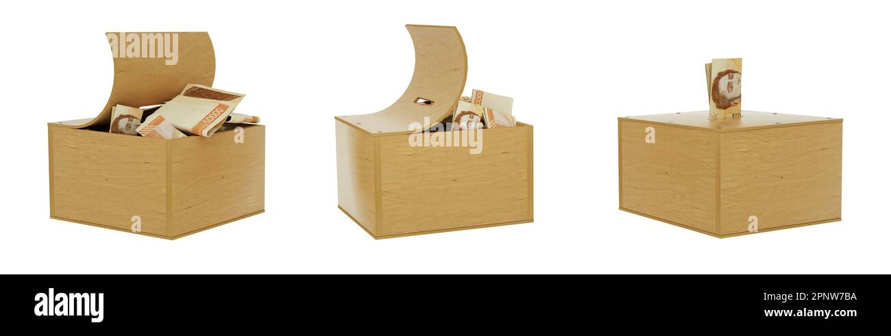 Venezuelan bolivar notes inside an open wooden savings box. set of ...