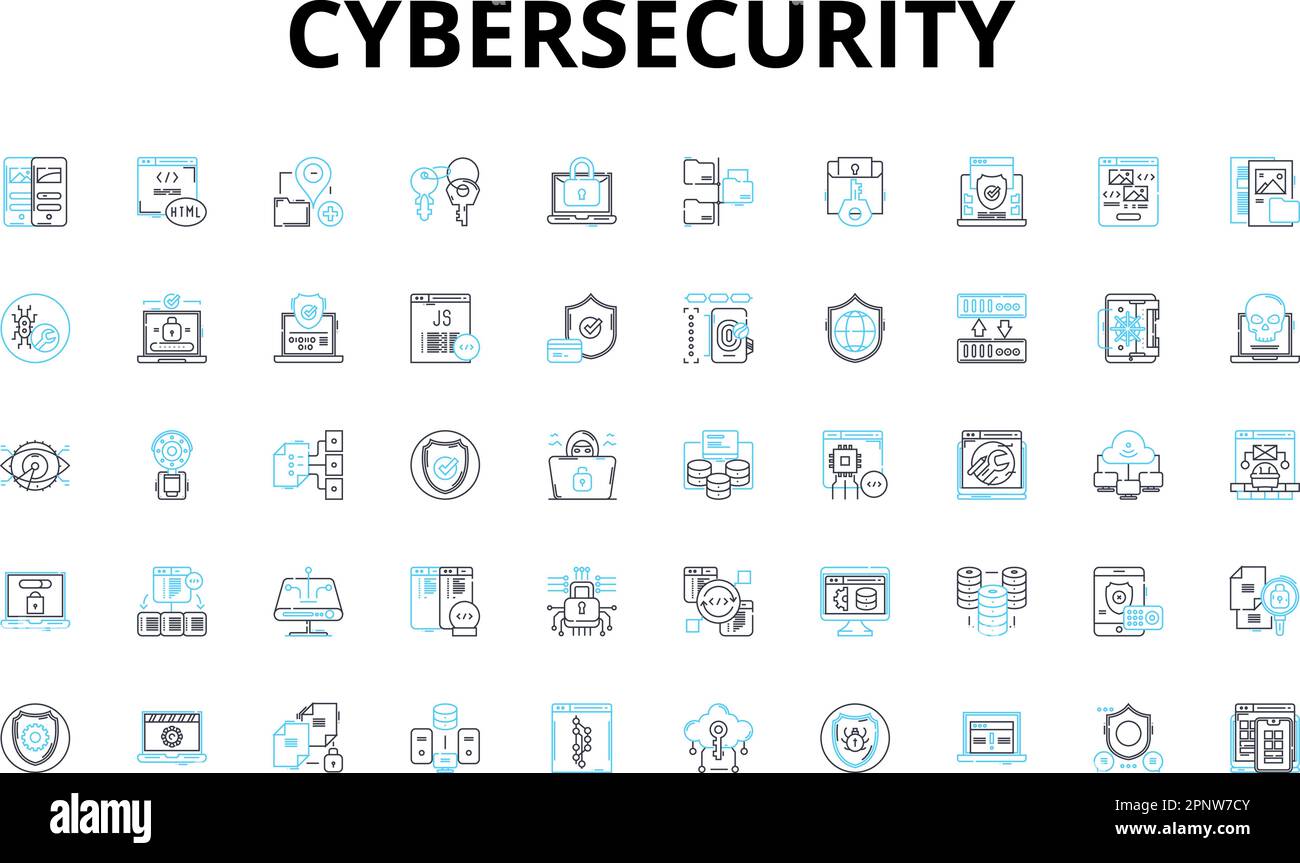 Cybersecurity linear icons set. Encryption, Firewall, Malware, Phishing, Hacking, Breach ...