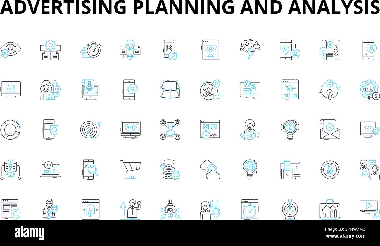 Advertising planning and analysis linear icons set. Strategy, Targeting ...
