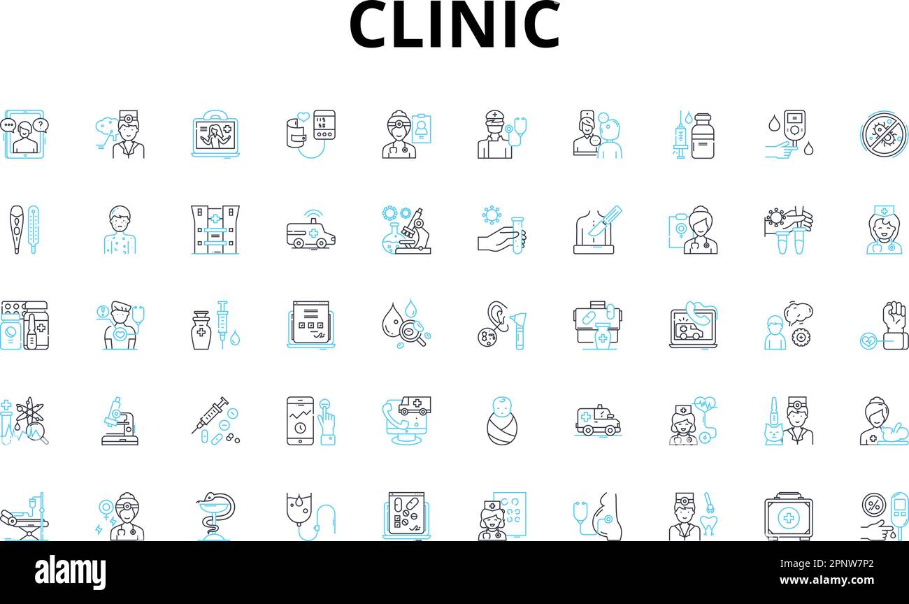 Clinic linear icons set. Healing, Recovery, Treatment, Caregiving ...
