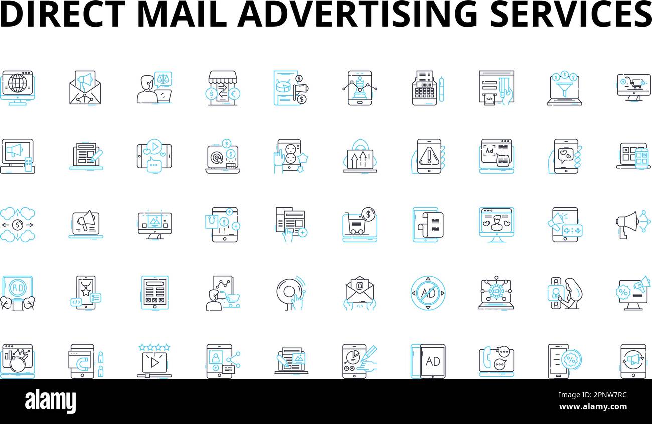 Direct mail advertising services linear icons set. Mailers, Flyers ...