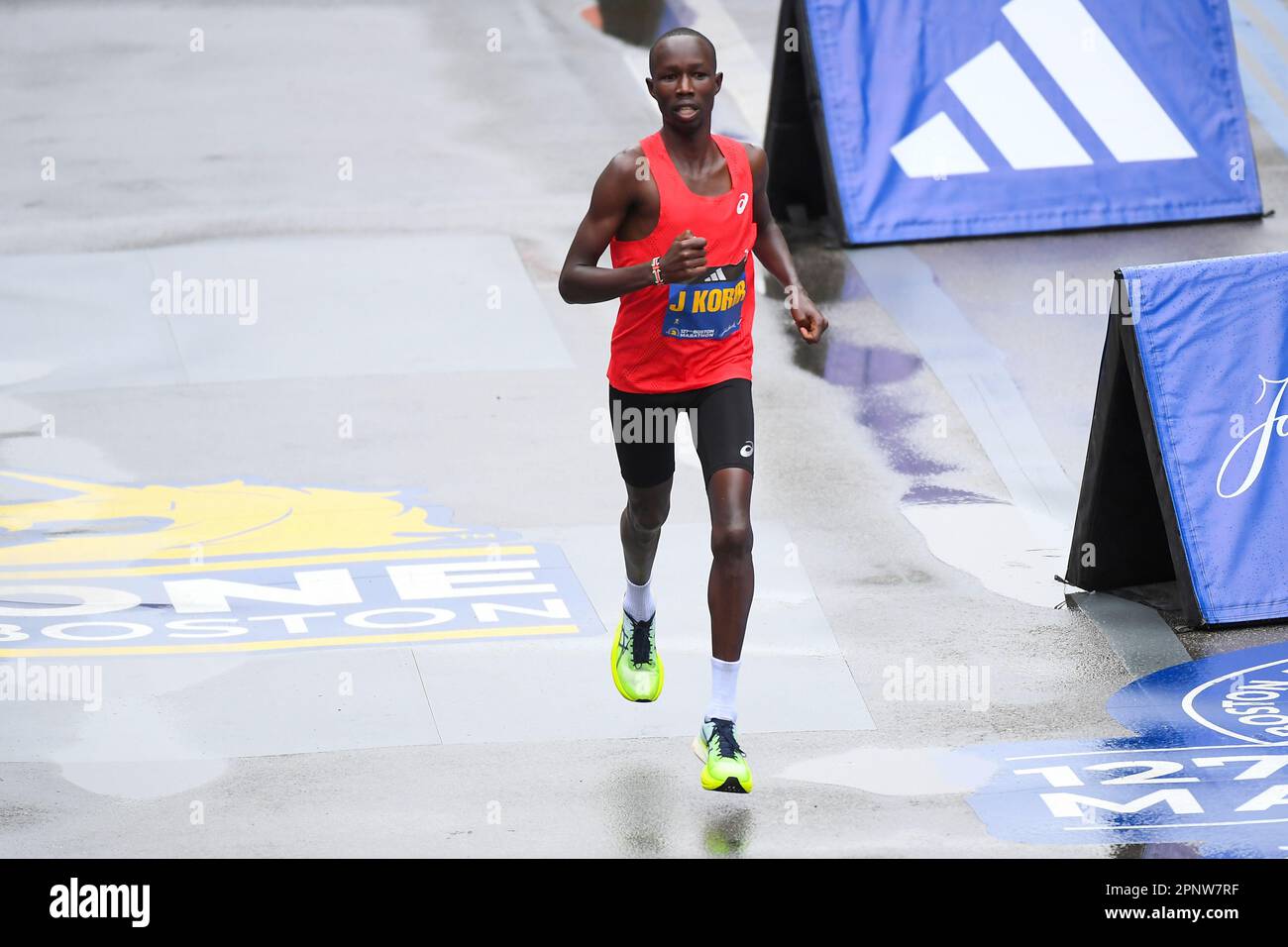 BOSTON, MA - APRIL 17: John Korir of Kenya approaches the finish line of the 127th Boston ...