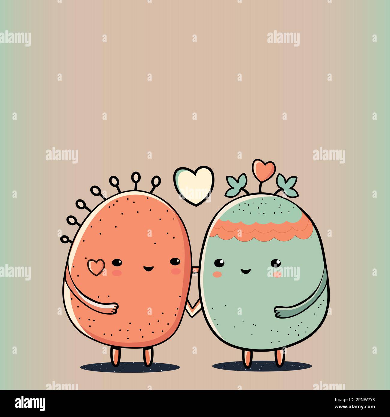 Cute Mascot Potato Couple Character With Hearts On Pastel Green And Red ...