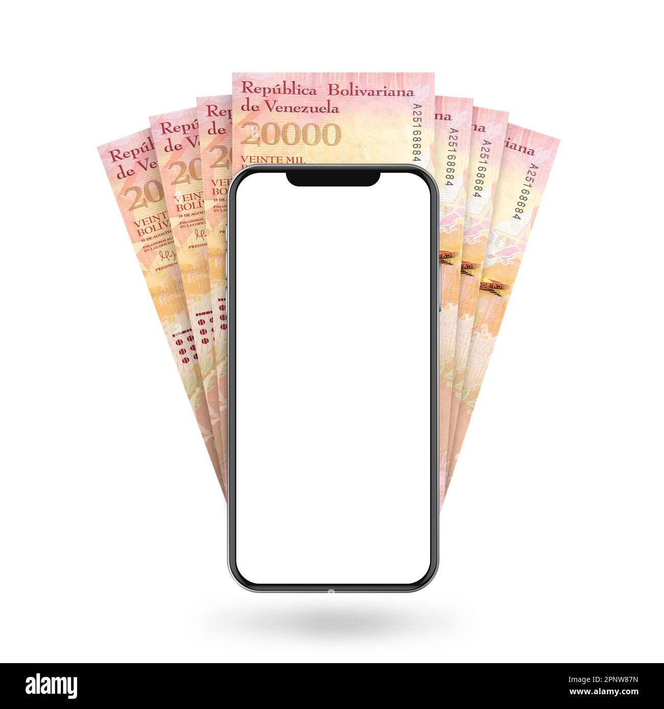 3d Illustration of Venezuelan bolivar notes behind mobile phone Stock ...