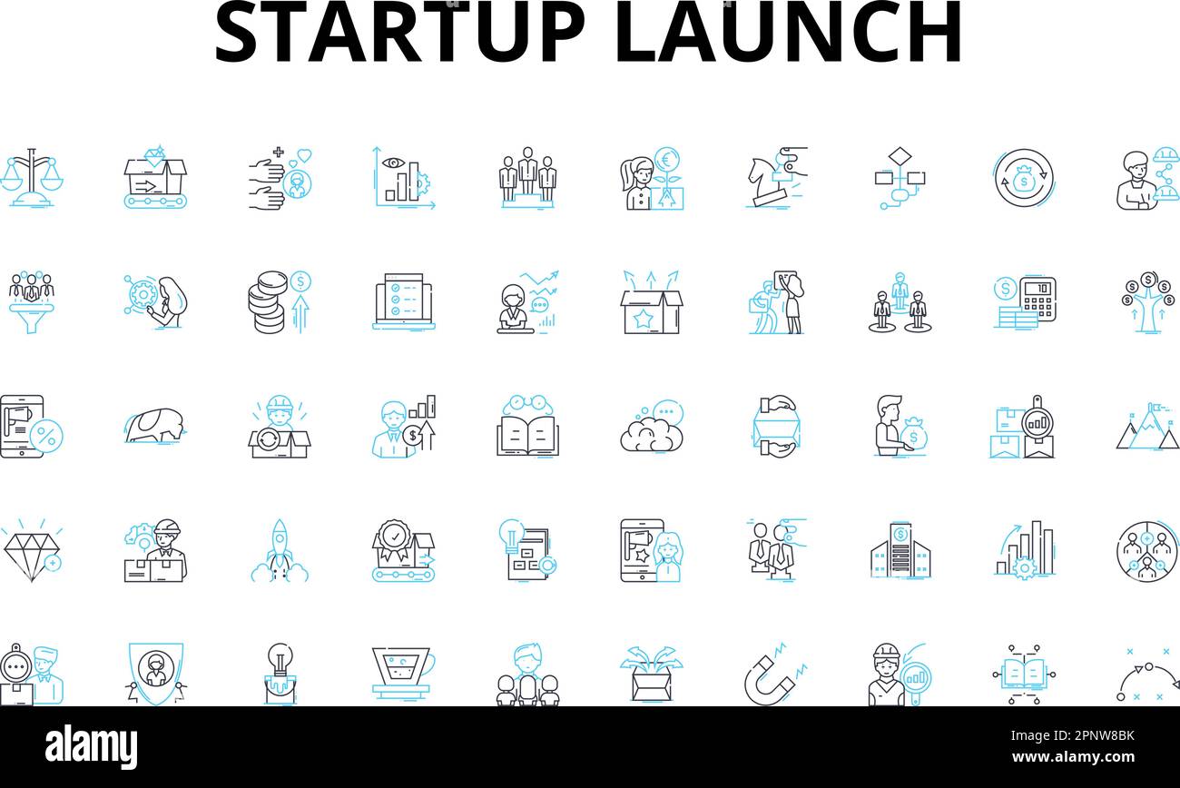 startup launch linear icons set. Momentum, Buzz, Launchpad, Catalyst ...