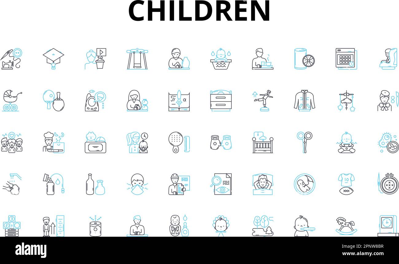 Children linear icons set. Playful, Innocent, Creative, Curious ...