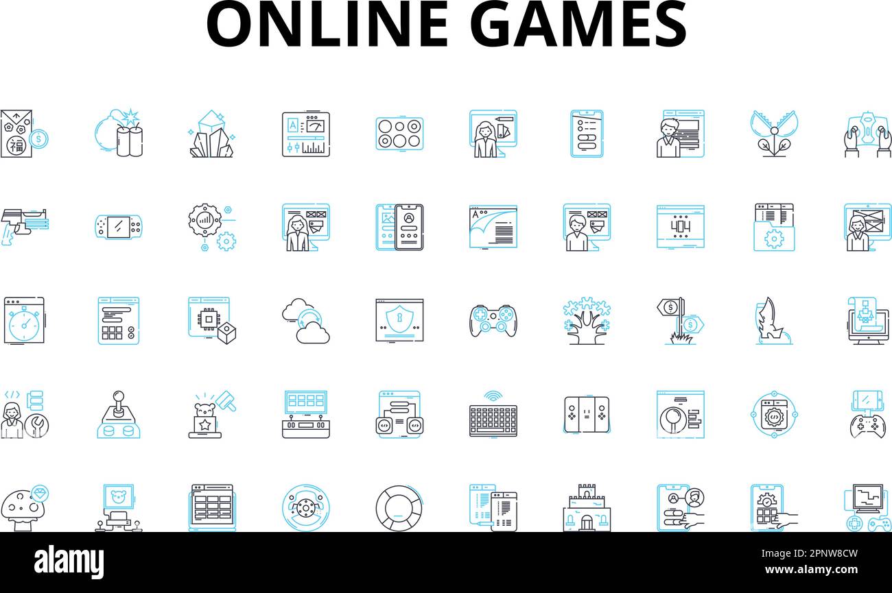 Online games linear icons set. Gaming, Multiplayer, Virtual, Adventure, Action, Strategy ...