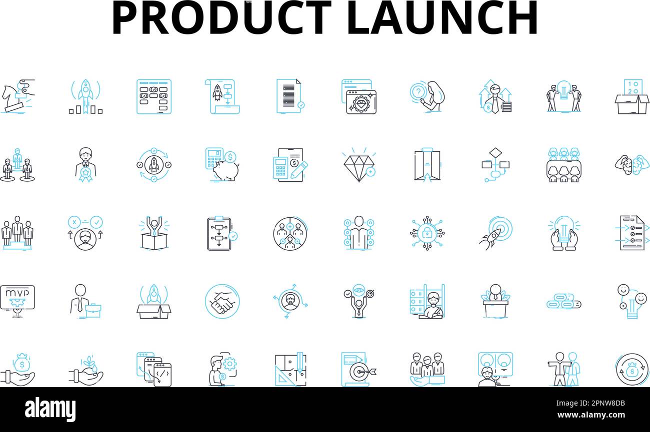 Product launch linear icons set. Unveil, Release, Introduction, Debut ...