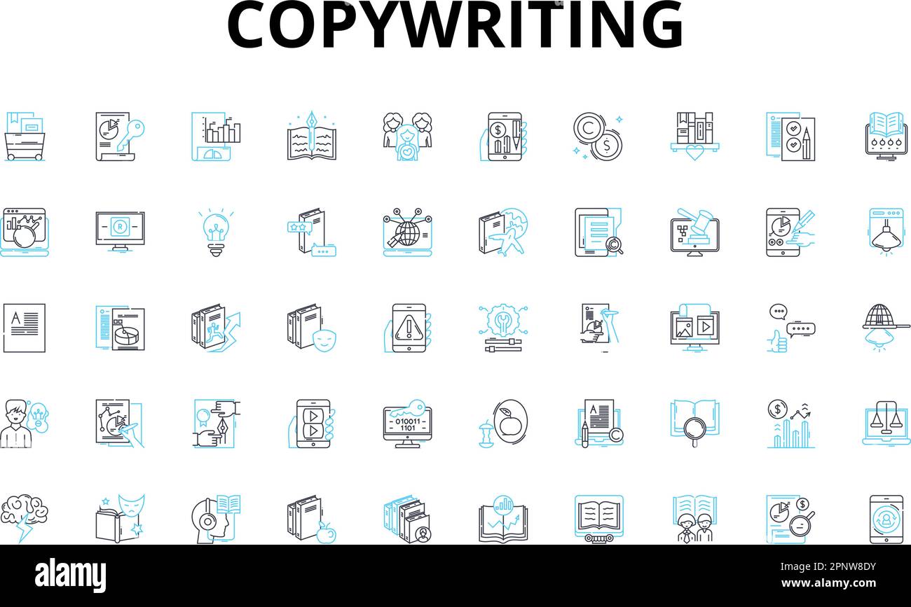 Copywriting linear icons set. Wordsmithing, Messaging, Persuasion ...