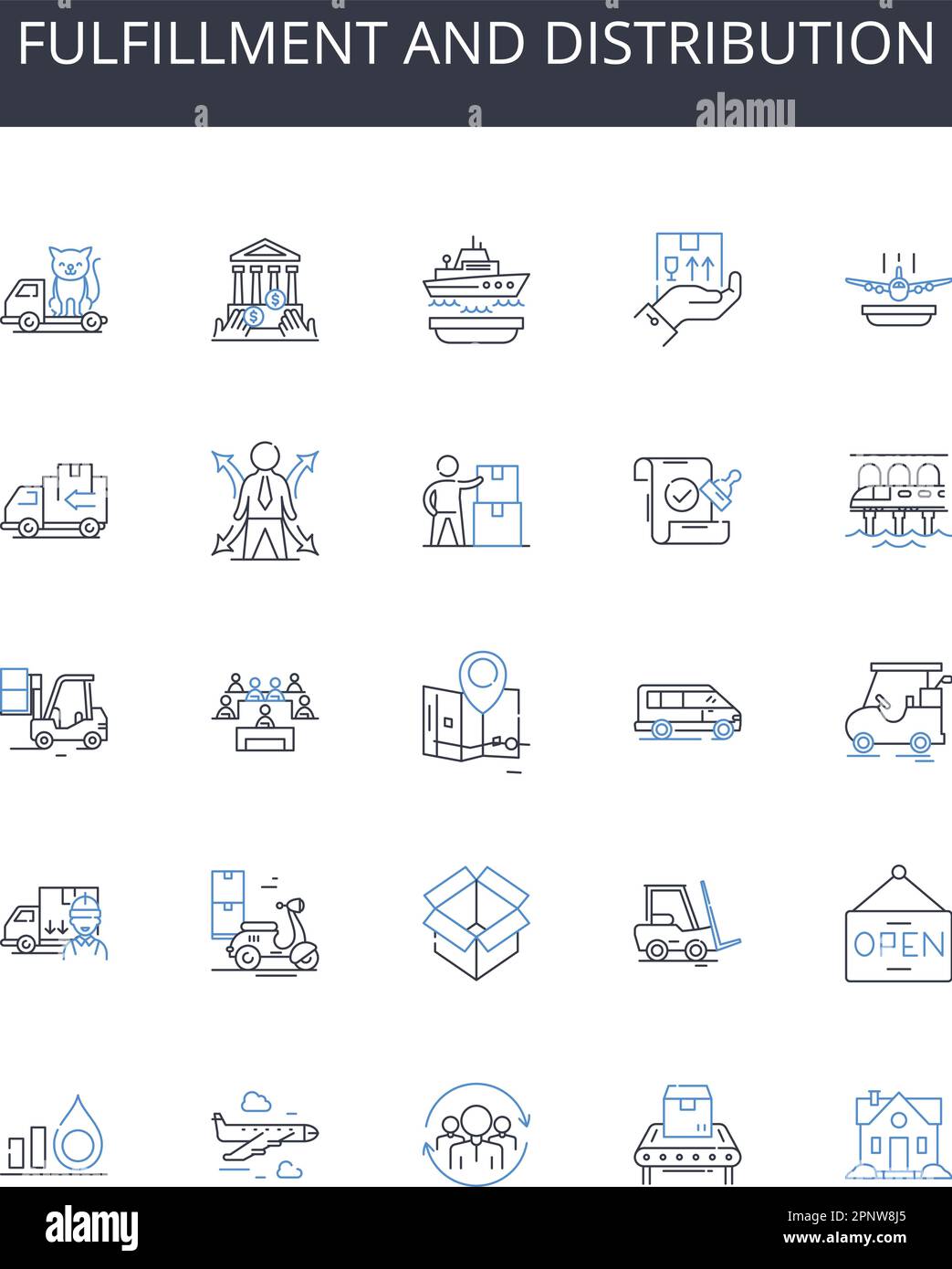 Fulfillment and Distribution line icons collection. Accomplishment ...