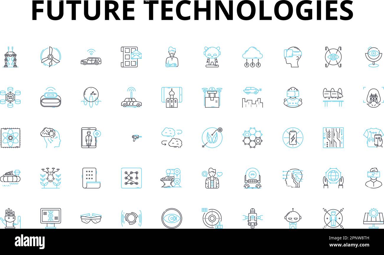 Future technologies linear icons set. Robotics, Drs, Augmented Reality, Virtual Reality ...