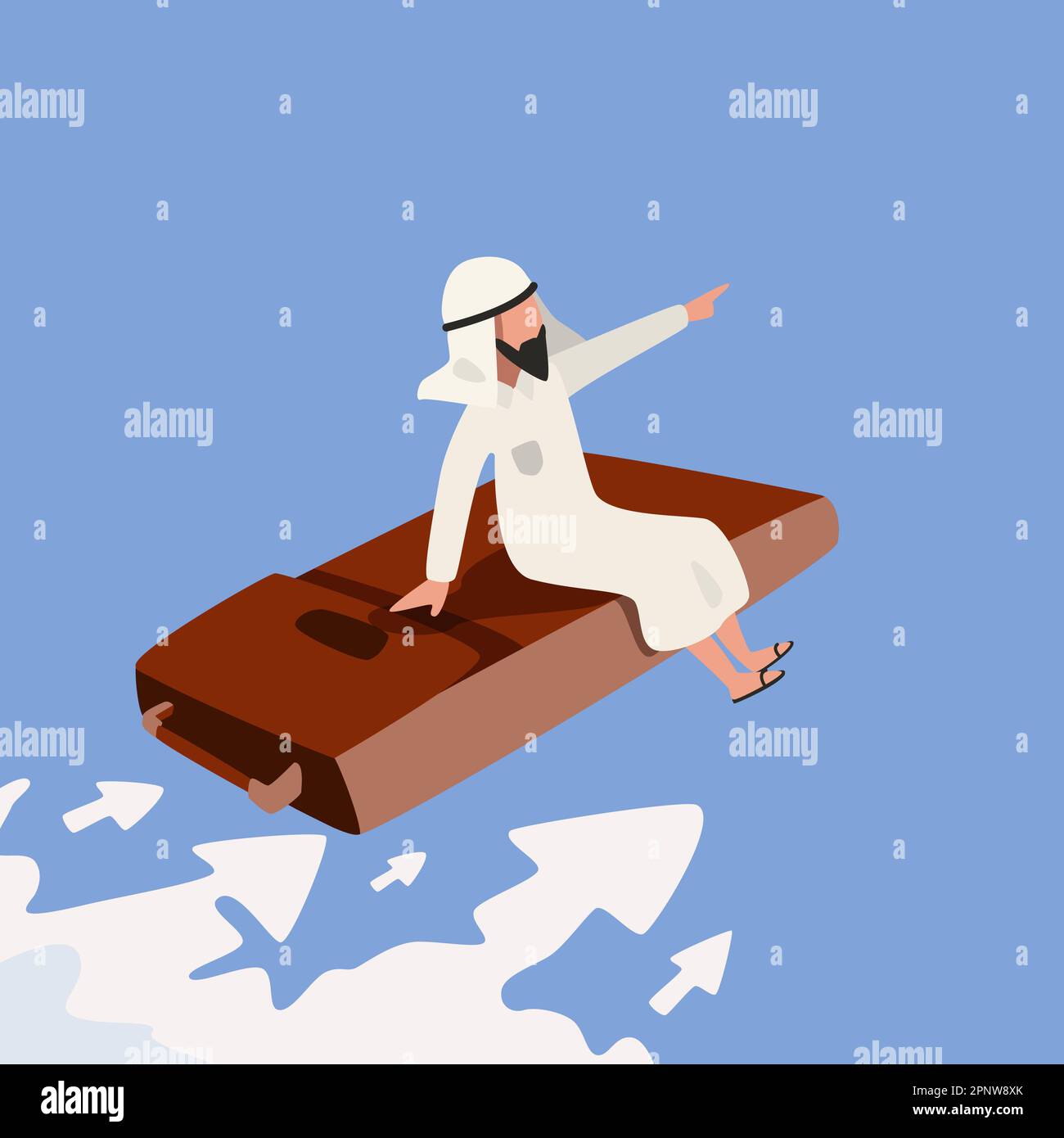 Business flat drawing Arabian businessman sitting and flying on leather ...