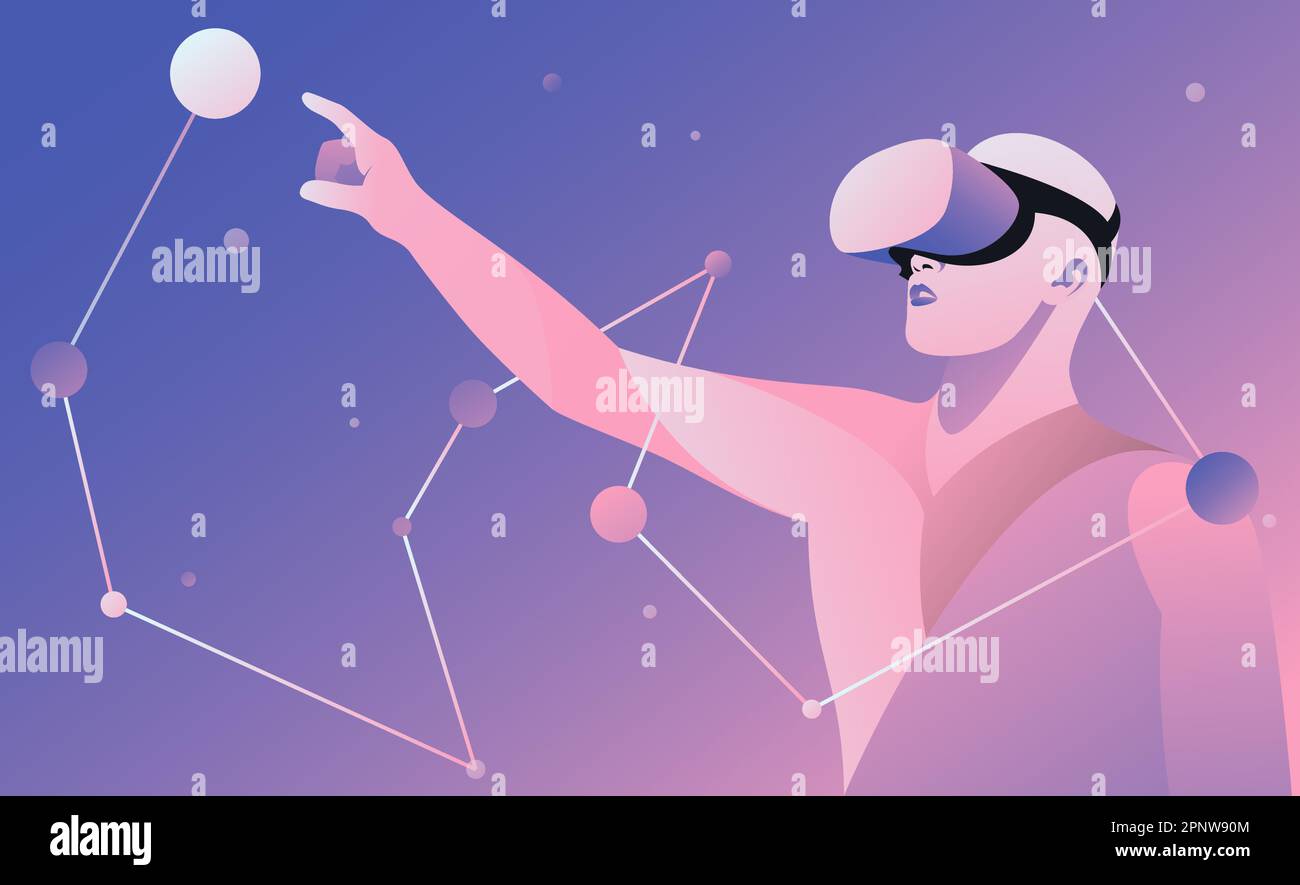 Man wearing virtual reality headset and reaches out with his hand to an ...