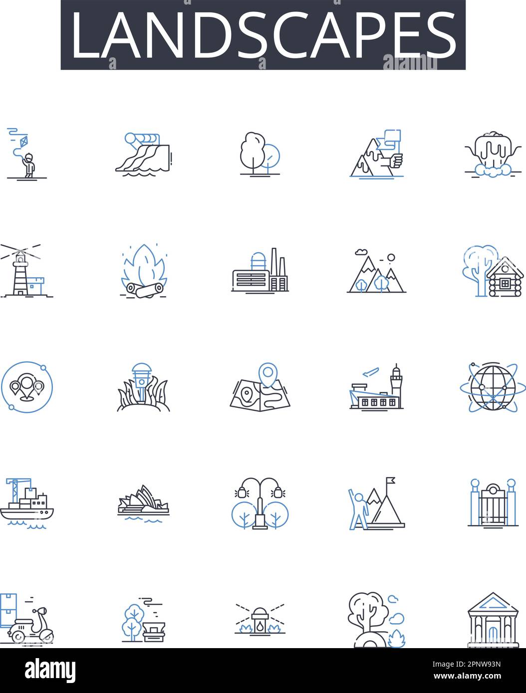 Landscapes line icons collection. Mountainscapes, Waterscapes ...