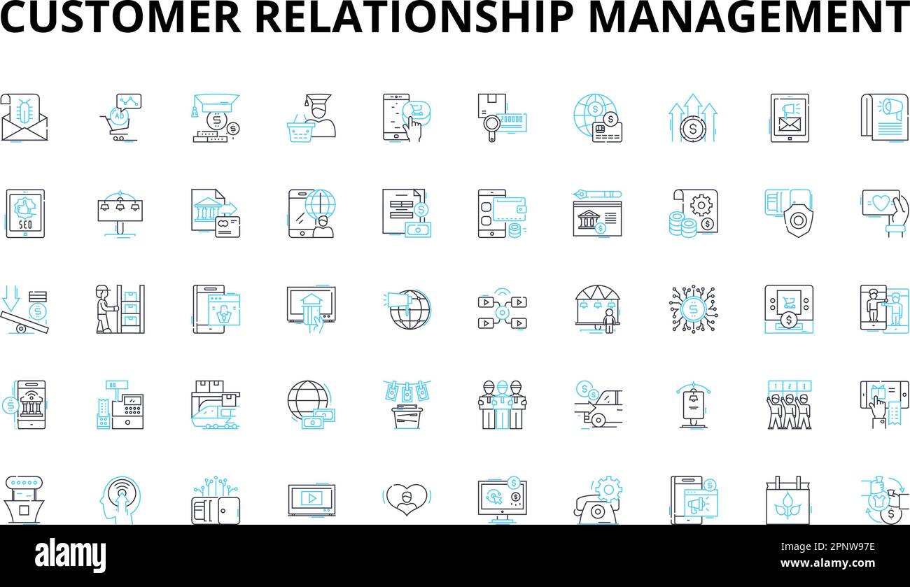 Customer relationship management linear icons set. Engagement, Retention, Loyalty, Interaction ...