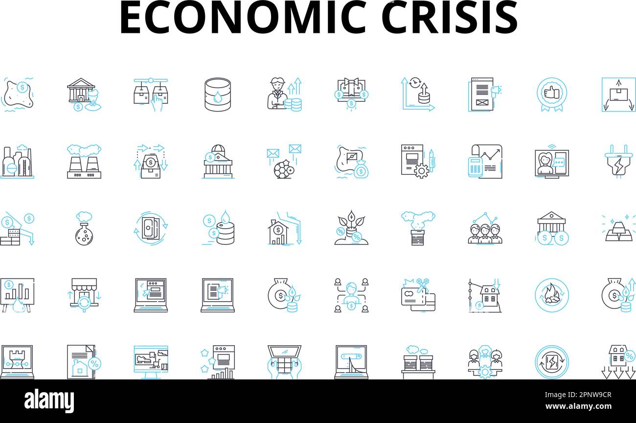 Economic crisis linear icons set. Recession, Depression, Inflation, Deflation, Bankruptcy ...