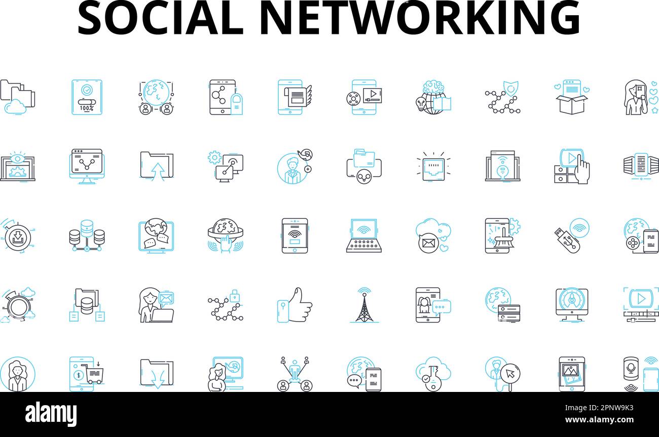 Social networking linear icons set. Connection, Interaction, Sharing ...