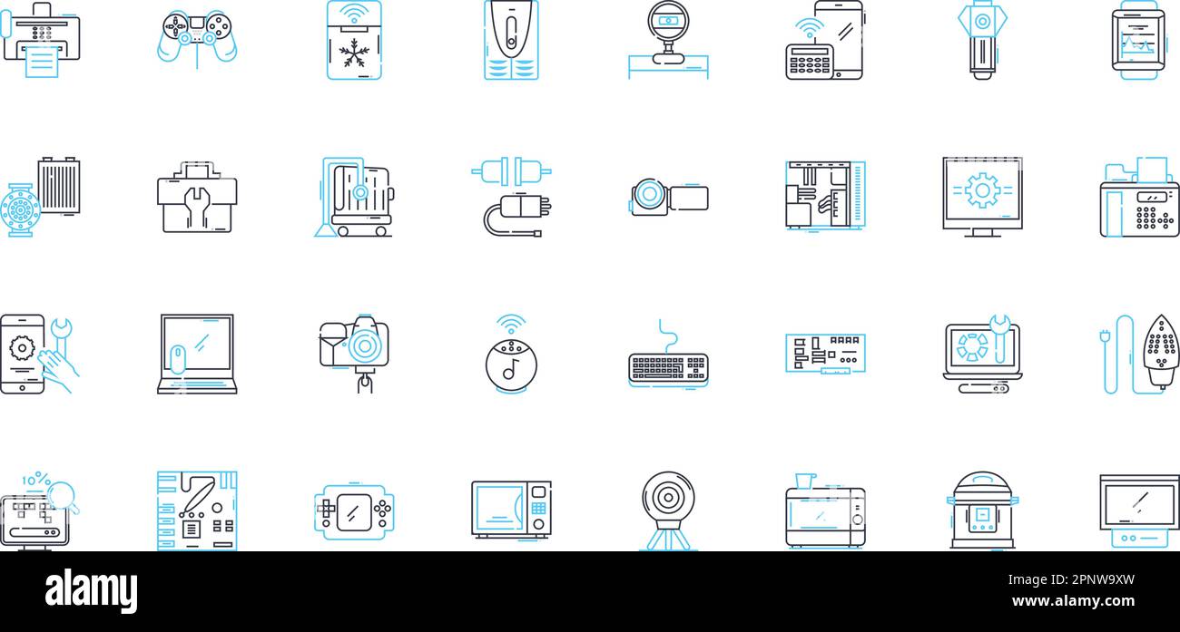 Computer gear linear icons set. Keyboard, Mouse, Monitor, CPU, Graphics, Motherboard, RAM line ...