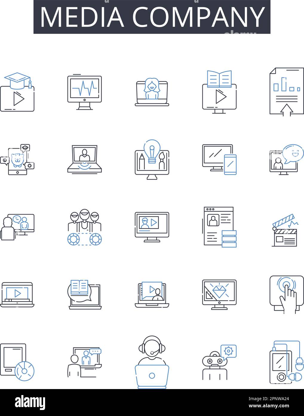 Media company line icons collection. Advertising firm, News outlet, Television nerk, Publishing ...