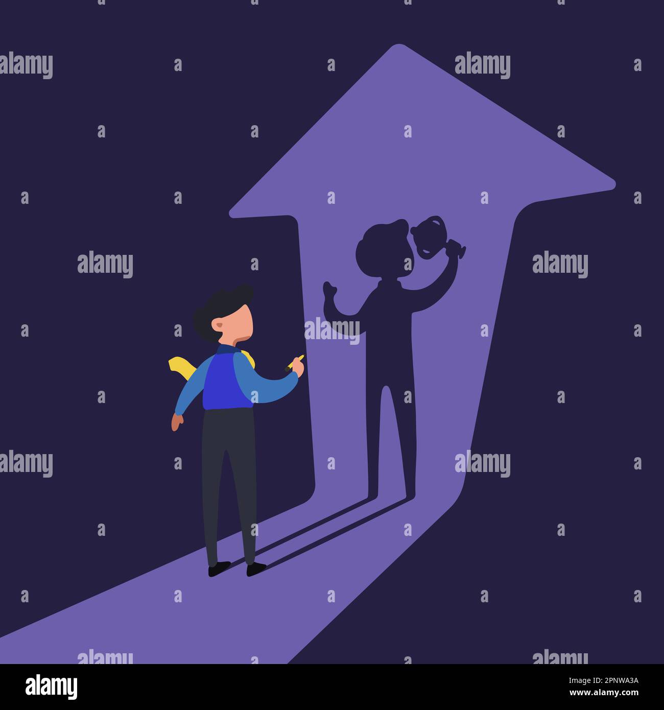 Business flat drawing businessman holding winning trophy shadow and ...