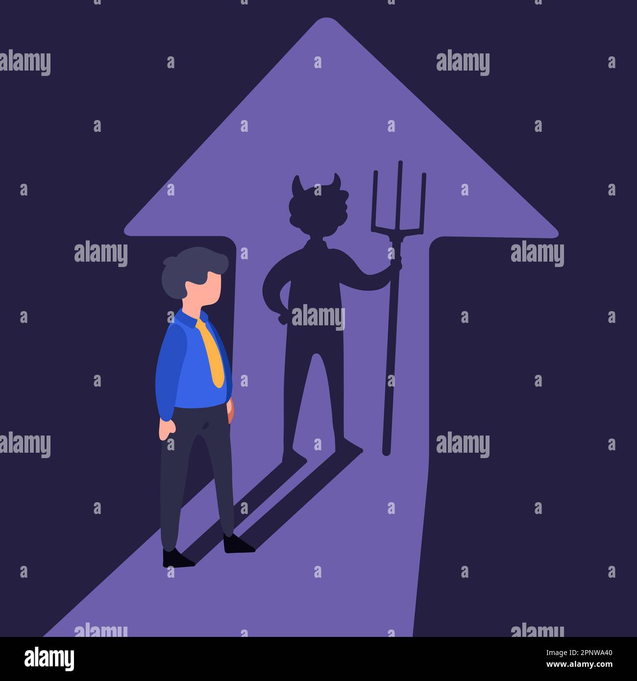 Business flat drawing businessman with devil of shadow. Young evil ...