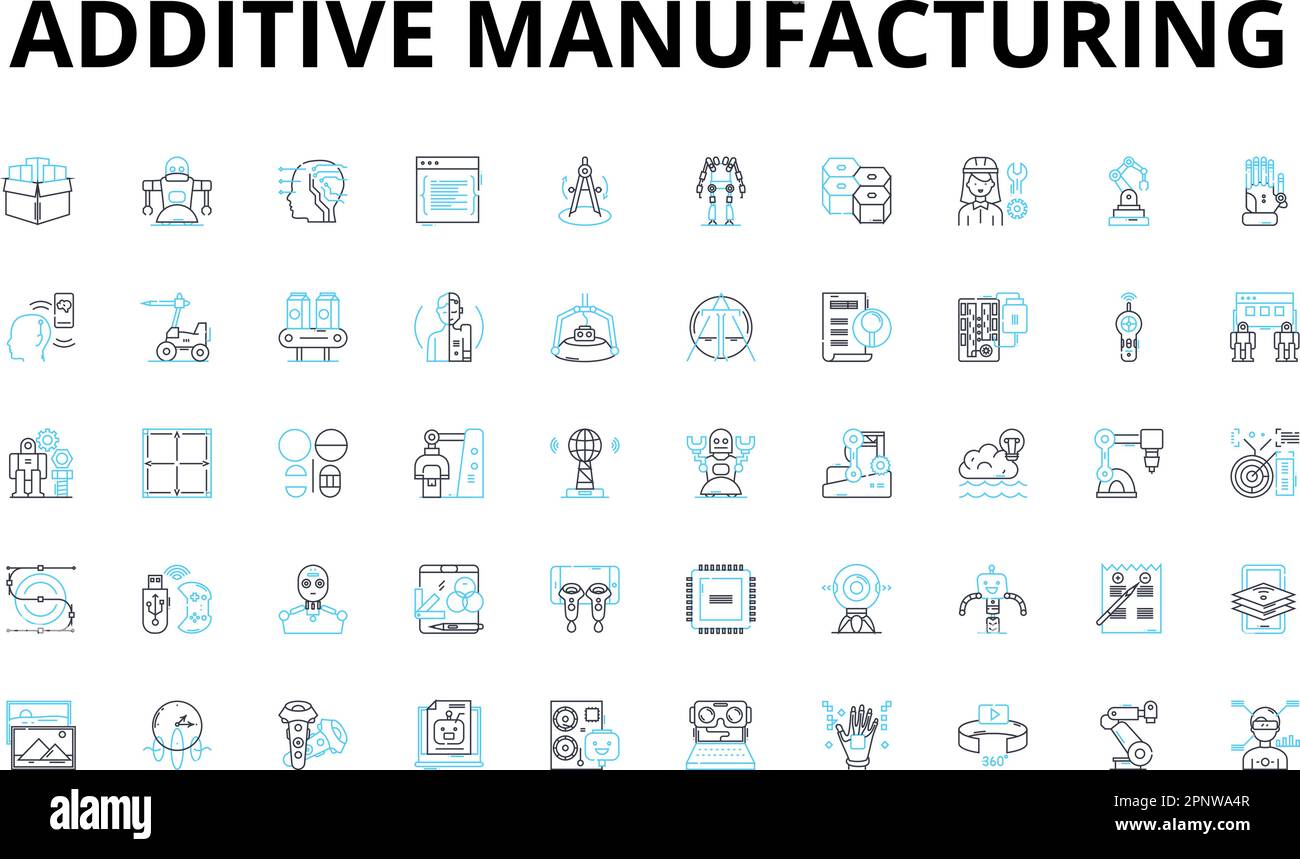 Additive manufacturing linear icons set. D printing, Layering ...