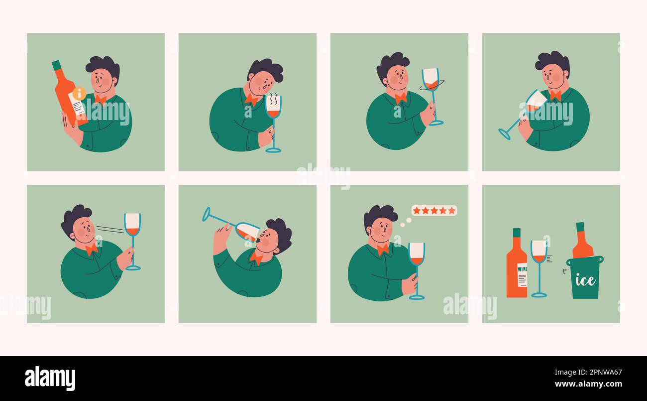 A cute character studies information on a bottle of wine, tastes, color ...