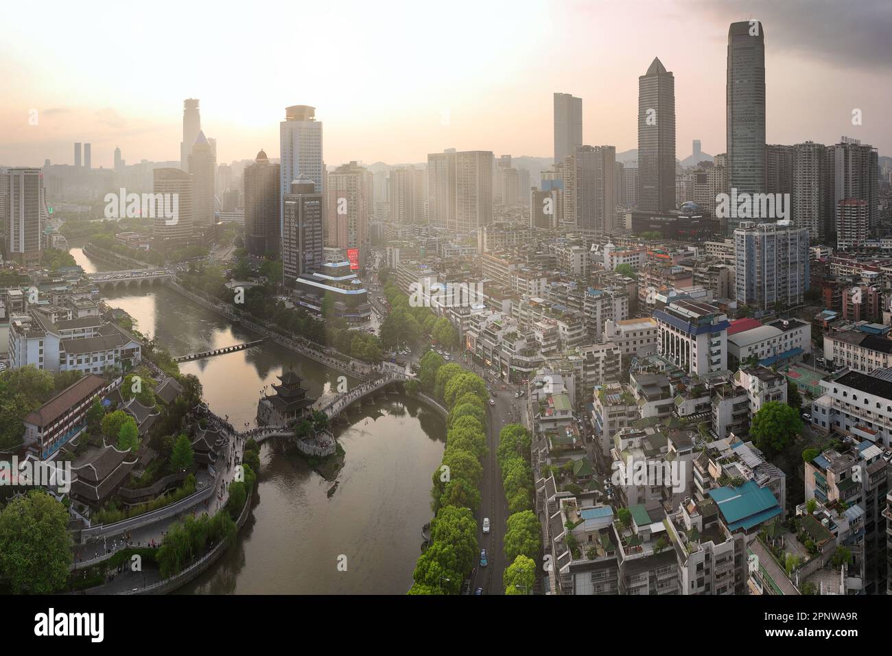 Aerial view of Guiyang at sunset, in Guizhou province, China Stock ...