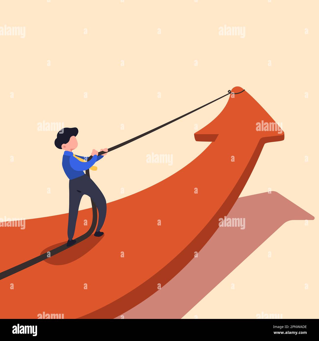 Business flat drawing businessman pulling big red arrow with rope and ...