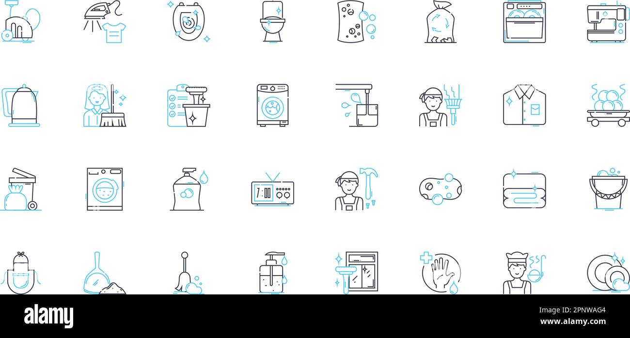 House cleaning linear icons set. Sweep, Scrub, Dust, Polish, Vacuum, Mop, Tidy line vector and ...