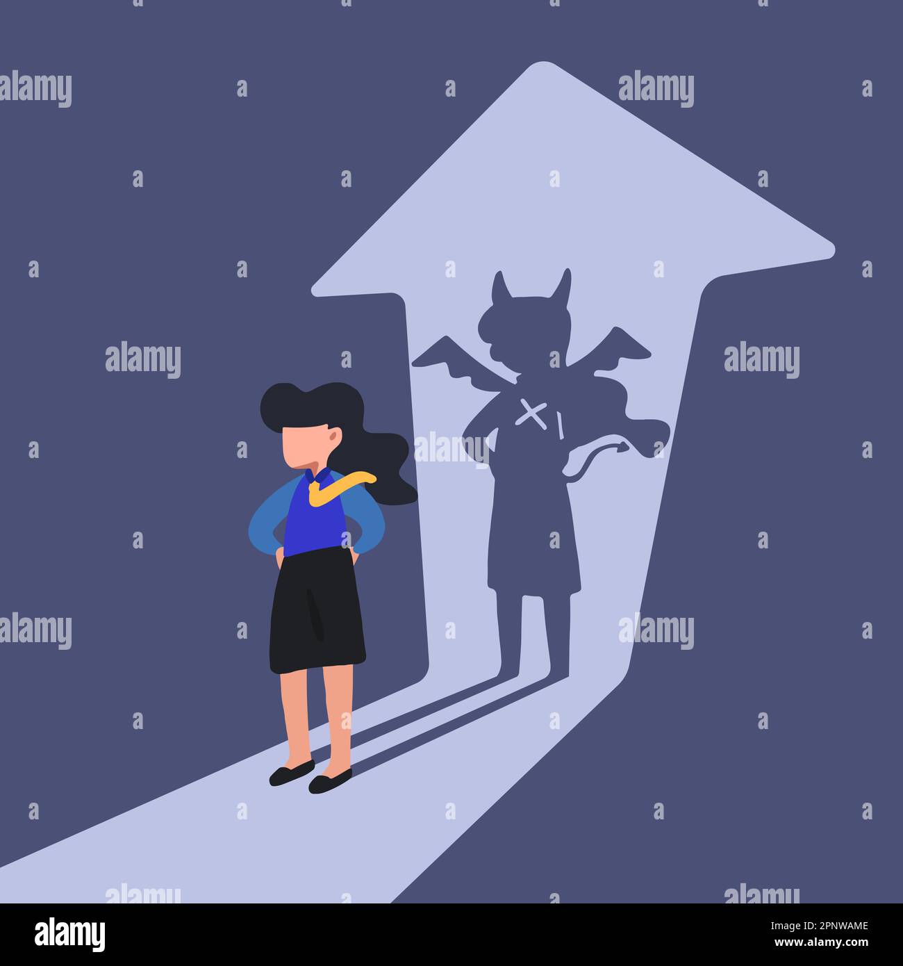 Business concept flat isolated of businesswoman standing with demon ...